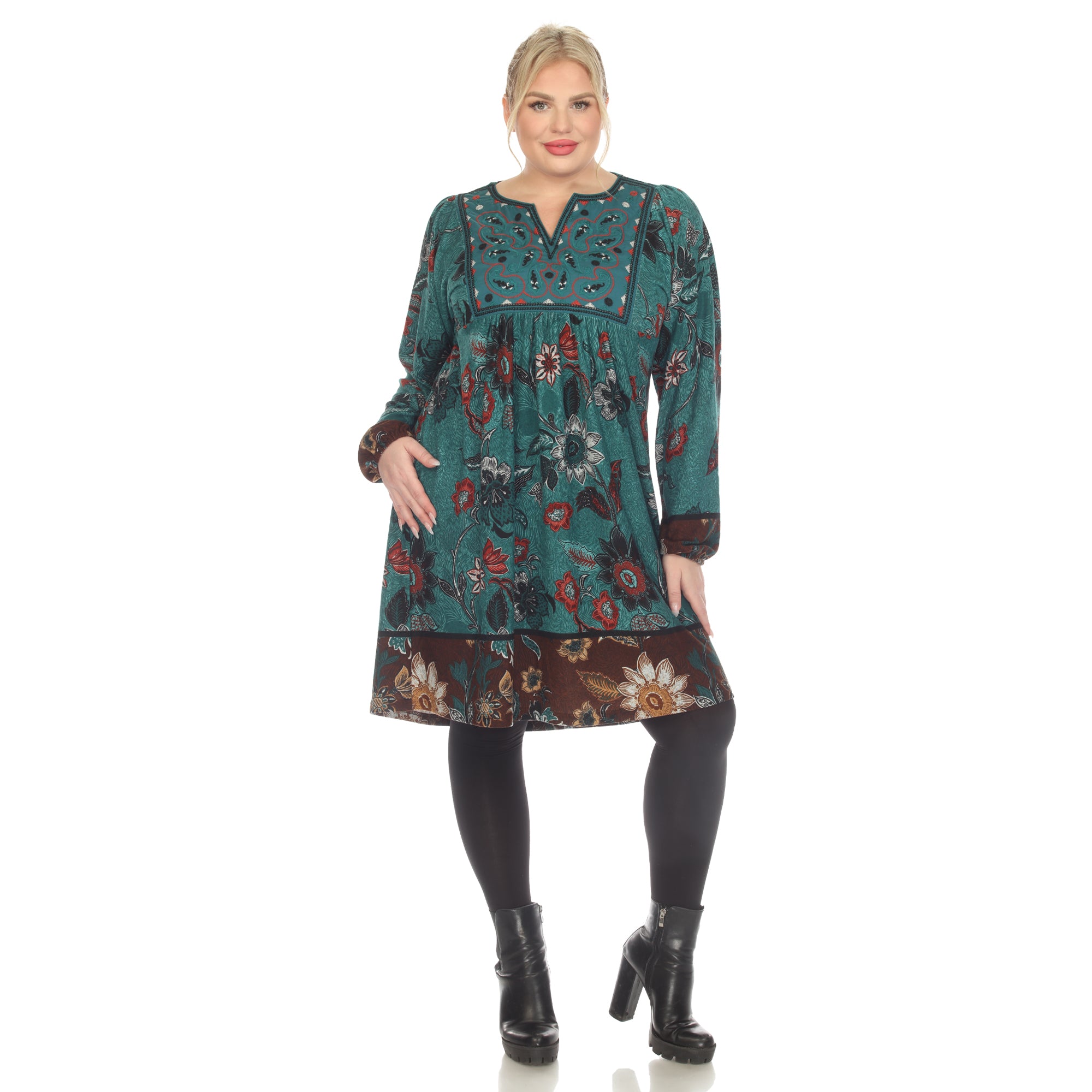 Women's Plus Size Paisley Floral Embroidered Sweater Dress – White Mark